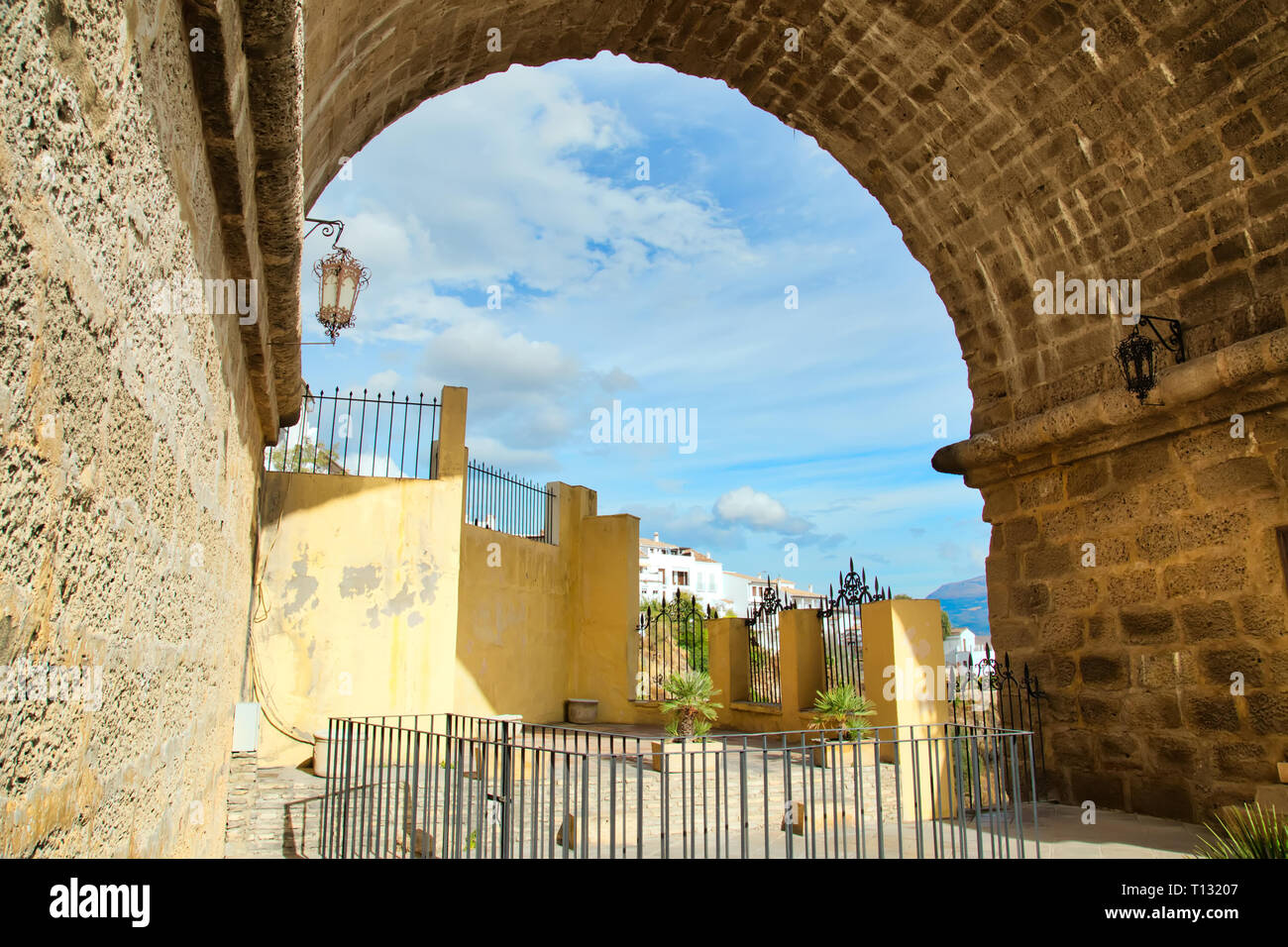 Famous Puente Nuevo Bridge's Arch in Ronda historic city center Stock ...