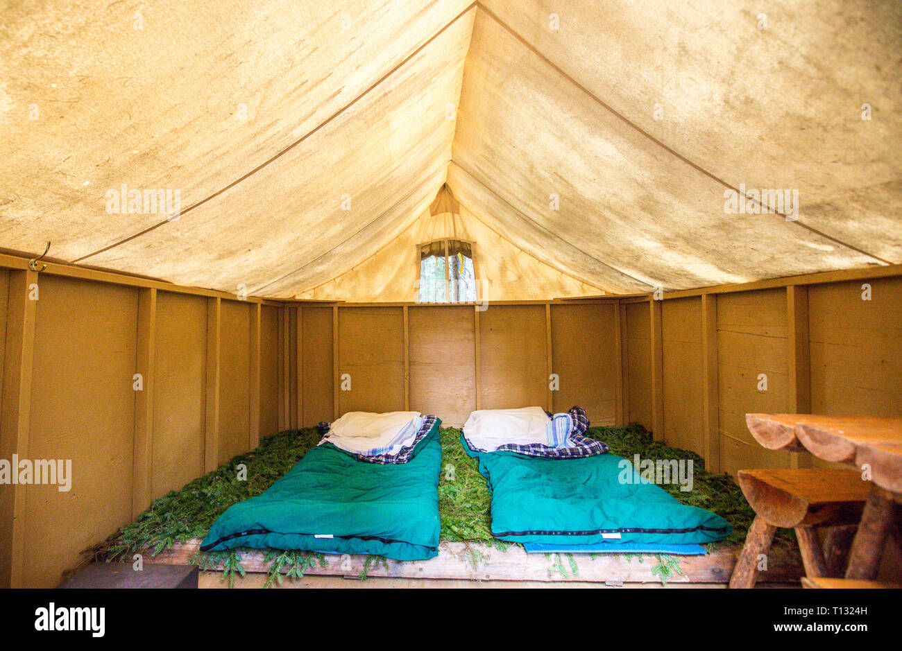 Sleeping bags inside a tent at Zoo sauvage de St-Felicien / Wild Zoo of ...