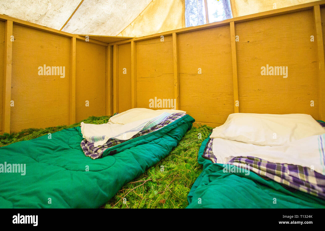 Sleeping bags inside a tent at Zoo sauvage de St-Felicien / Wild Zoo of ...