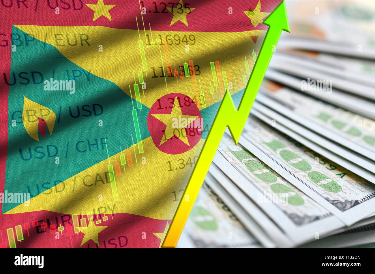 Grenada flag and chart growing US dollar position with a fan of dollar ...