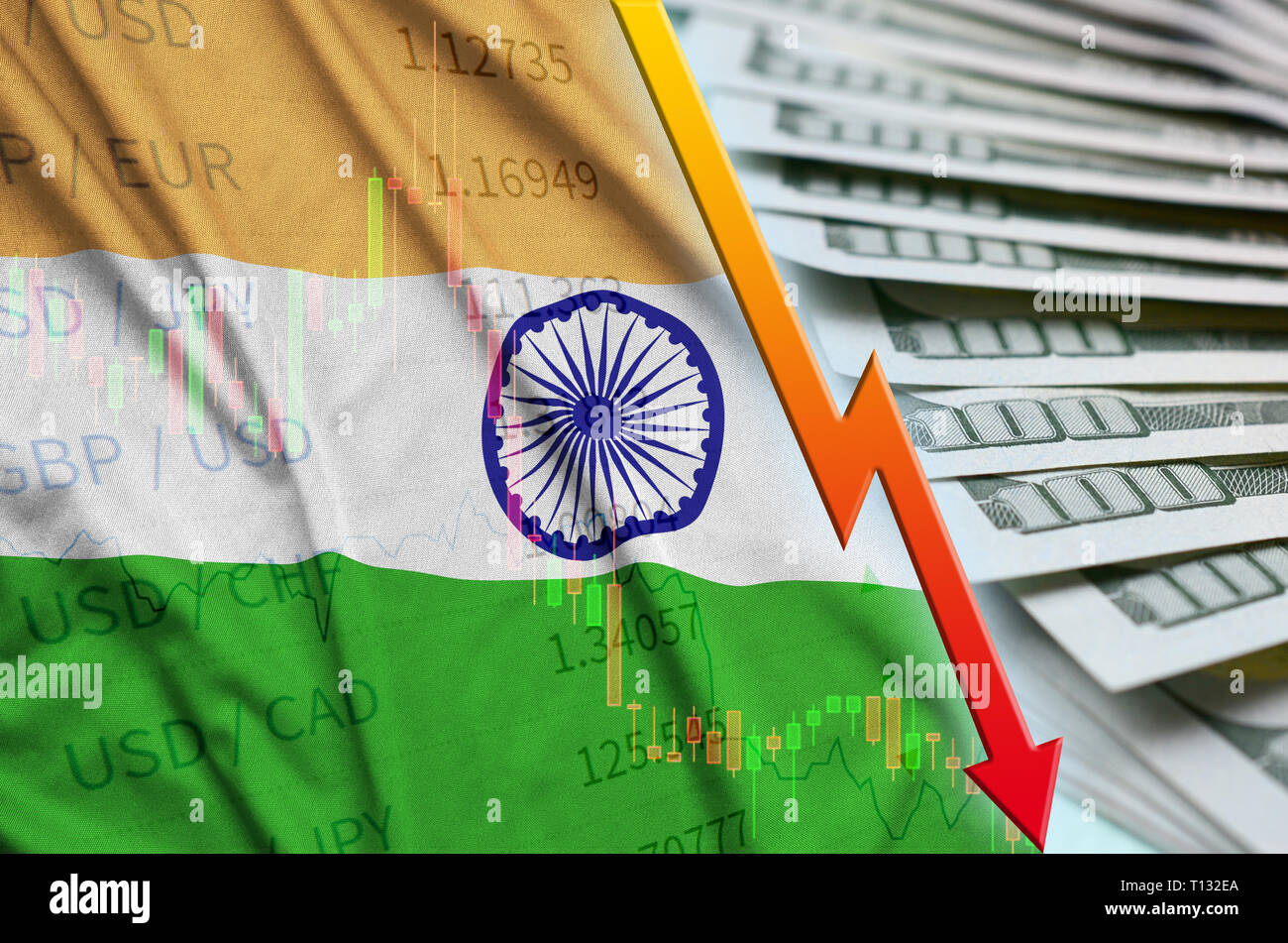 India flag and chart falling US dollar position with a fan of dollar ...