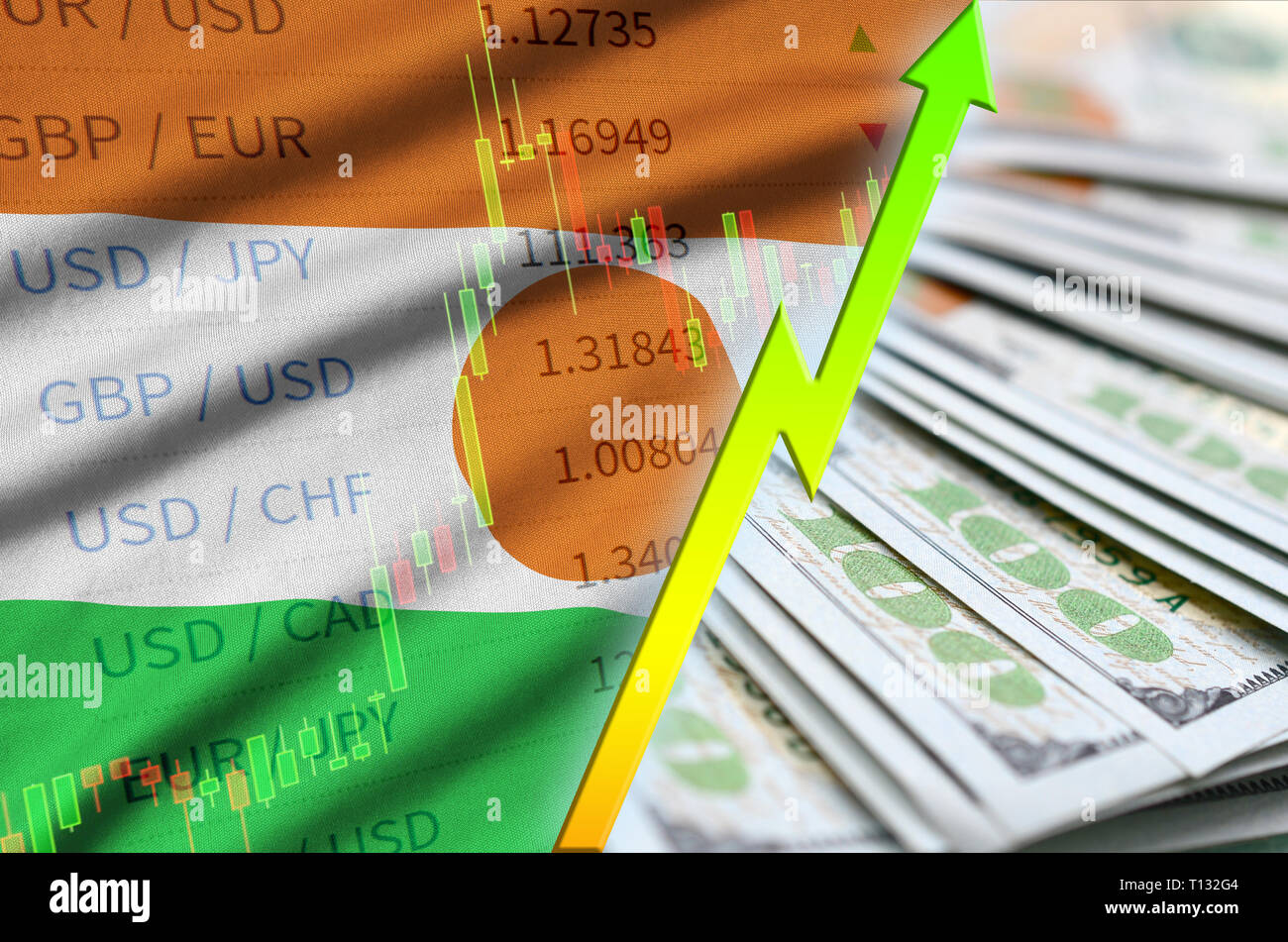 Niger flag and chart growing US dollar position with a fan of dollar ...