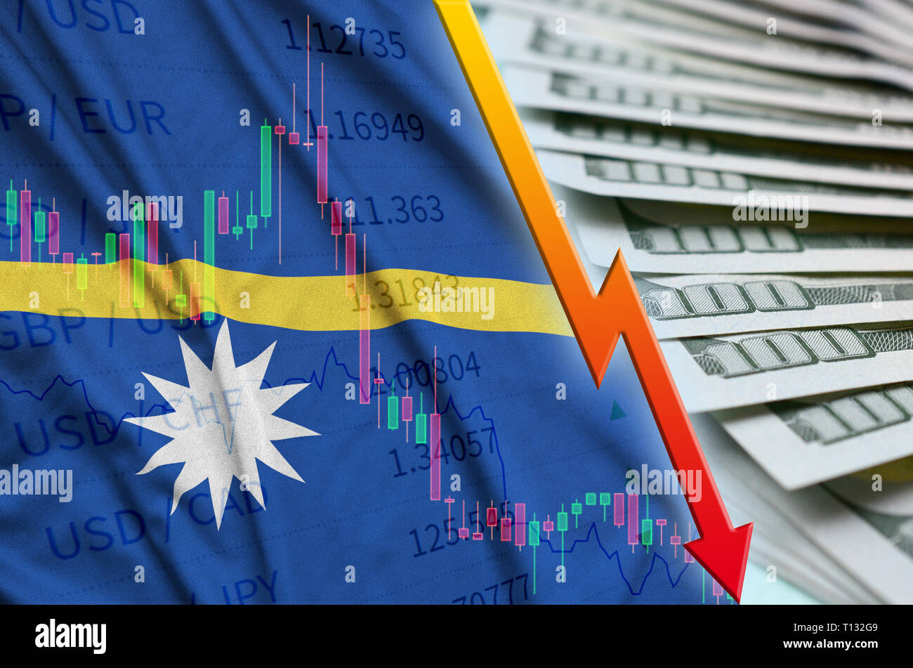 Nauru flag and chart falling US dollar position with a fan of dollar ...