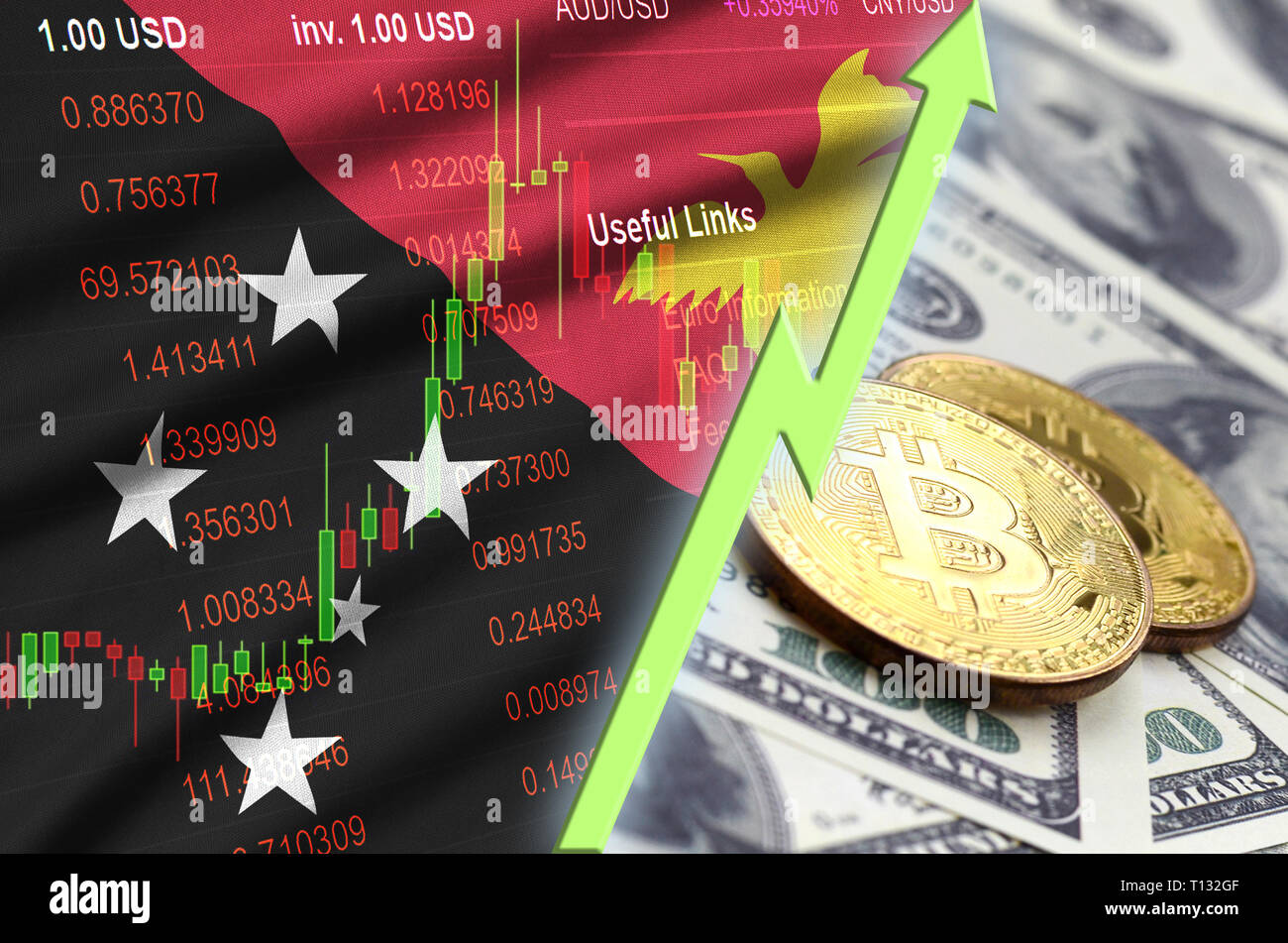 Papua New Guinea flag and cryptocurrency growing trend with two ...