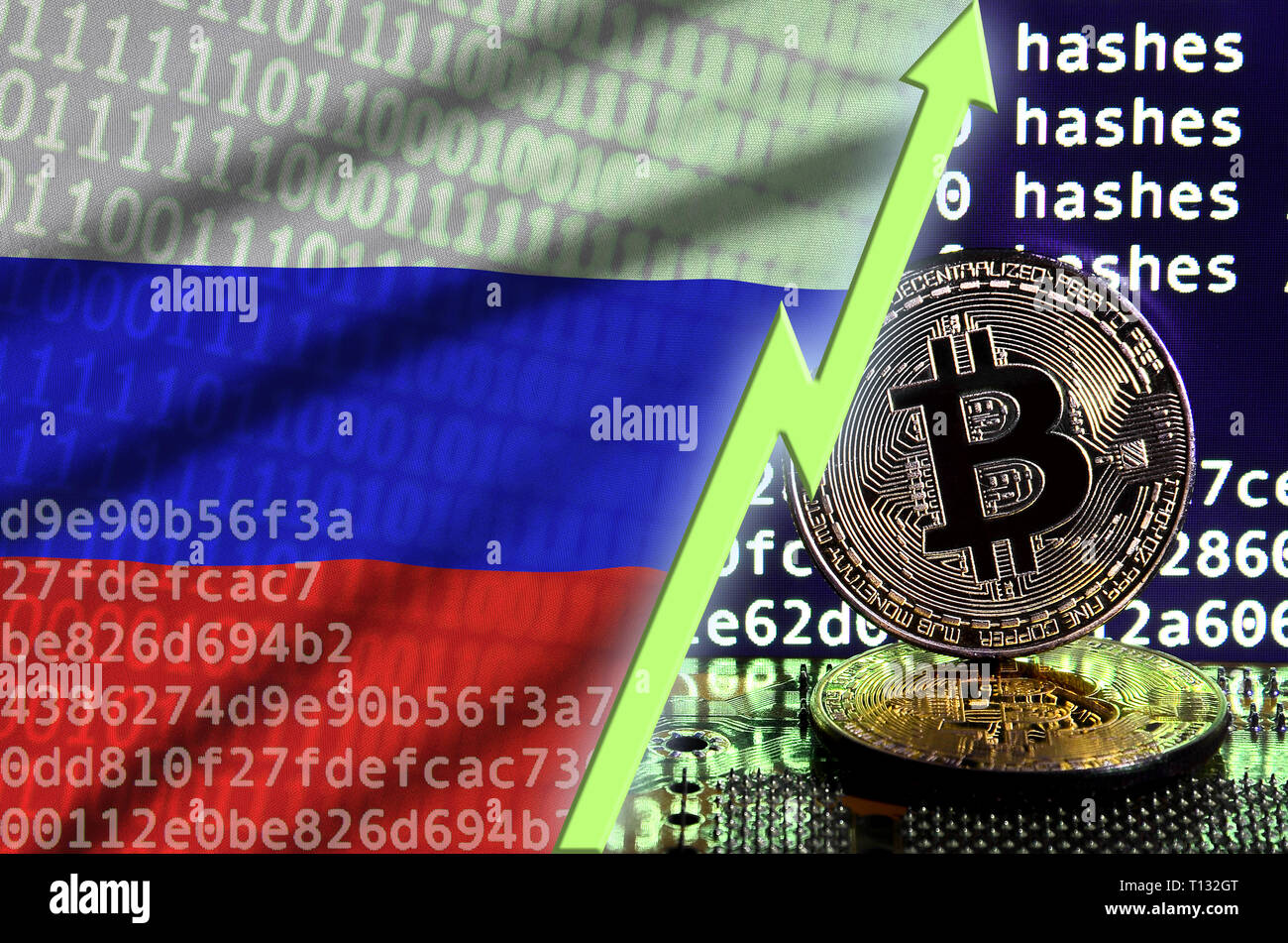 Russia flag and rising green arrow on bitcoin mining screen and two ...