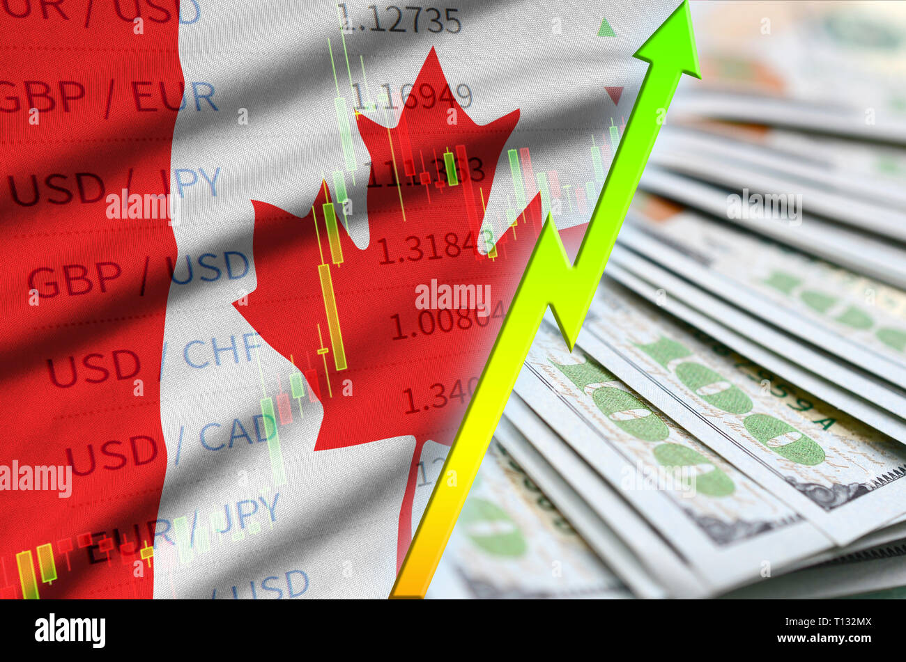 Canada flag and chart growing US dollar position with a fan of dollar ...