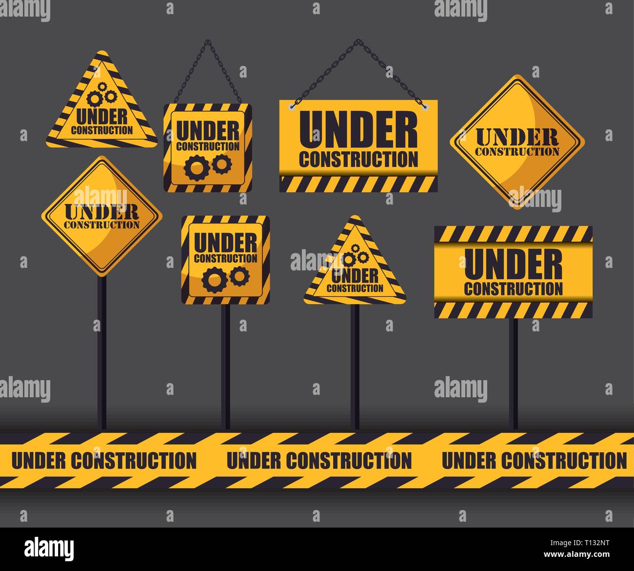 under construction label with set of signals vector illustration design ...