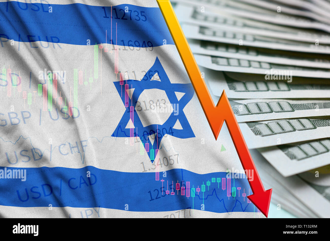 Israel flag and chart falling US dollar position with a fan of dollar ...