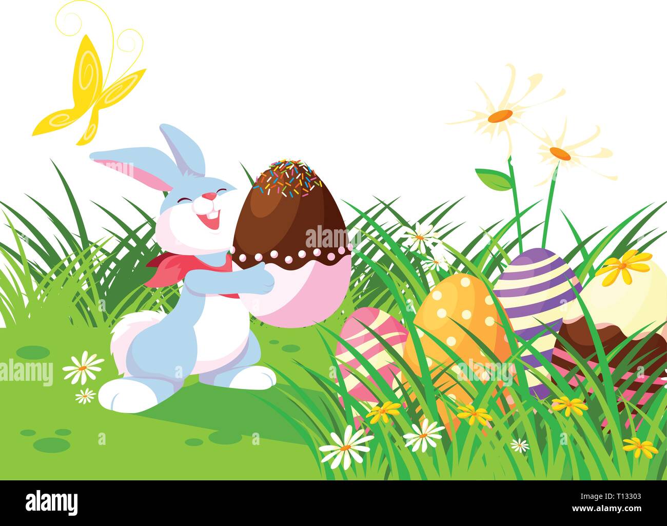 cute rabbit easter with eggs painted in the garden vector illustration ...