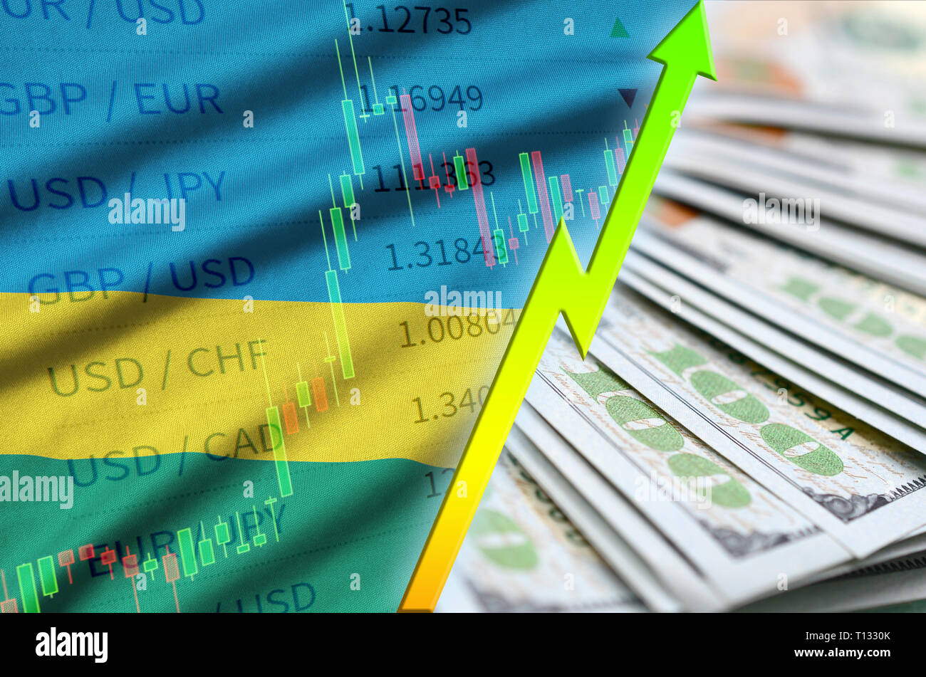 Rwanda flag and chart growing US dollar position with a fan of dollar ...