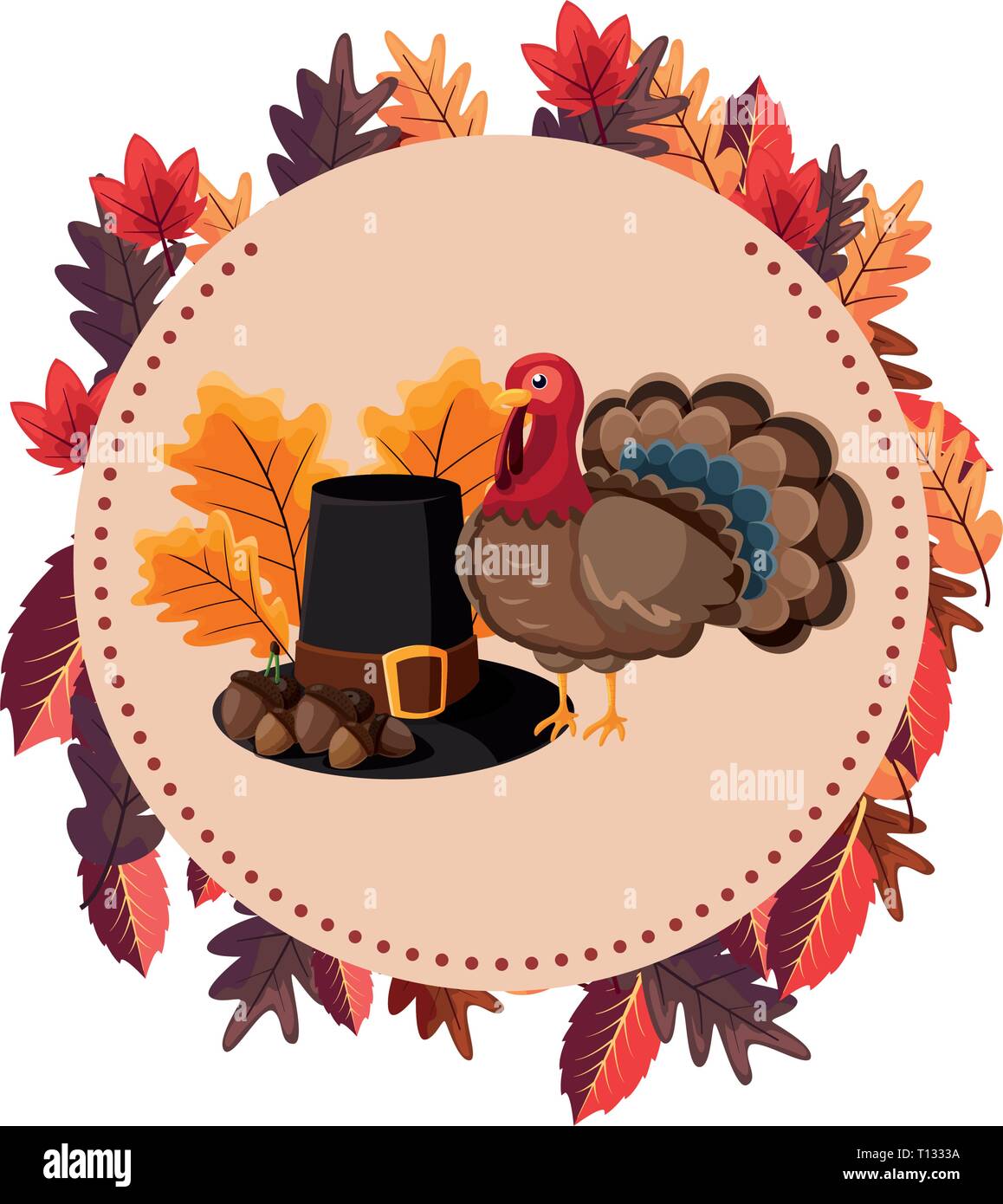 pilgrim hat turkey leaves thanksgiving celebrate vector illustration ...