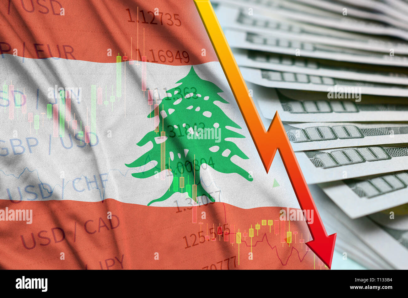 Lebanon flag and chart falling US dollar position with a fan of dollar ...