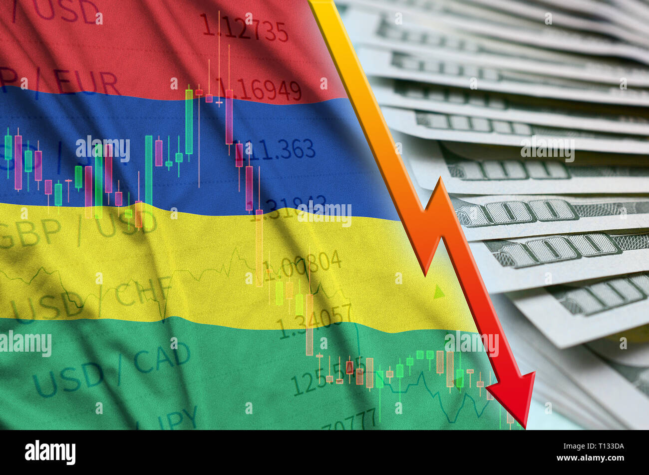 Mauritius flag and chart falling US dollar position with a fan of ...