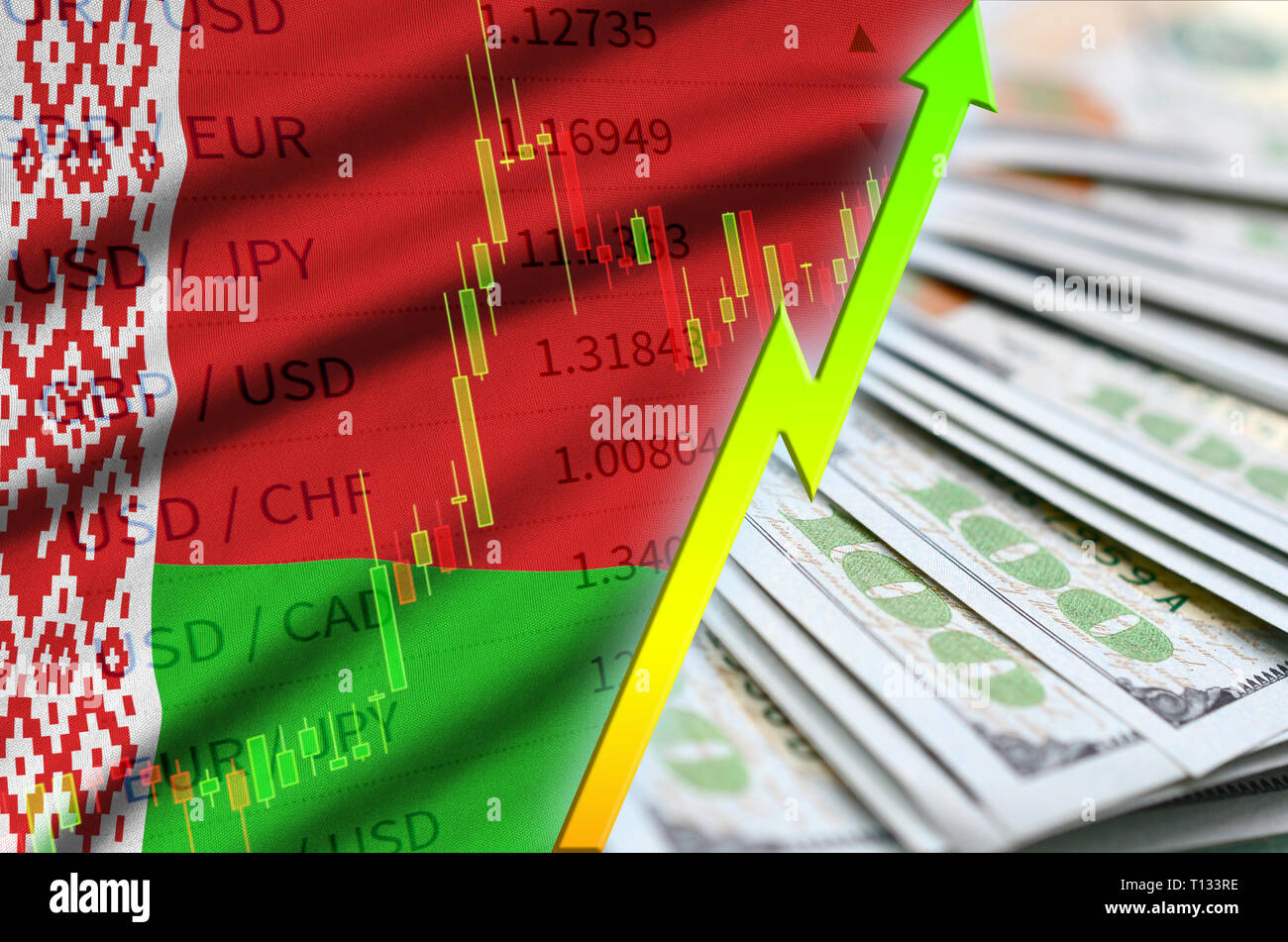 Belarus flag and chart growing US dollar position with a fan of dollar ...