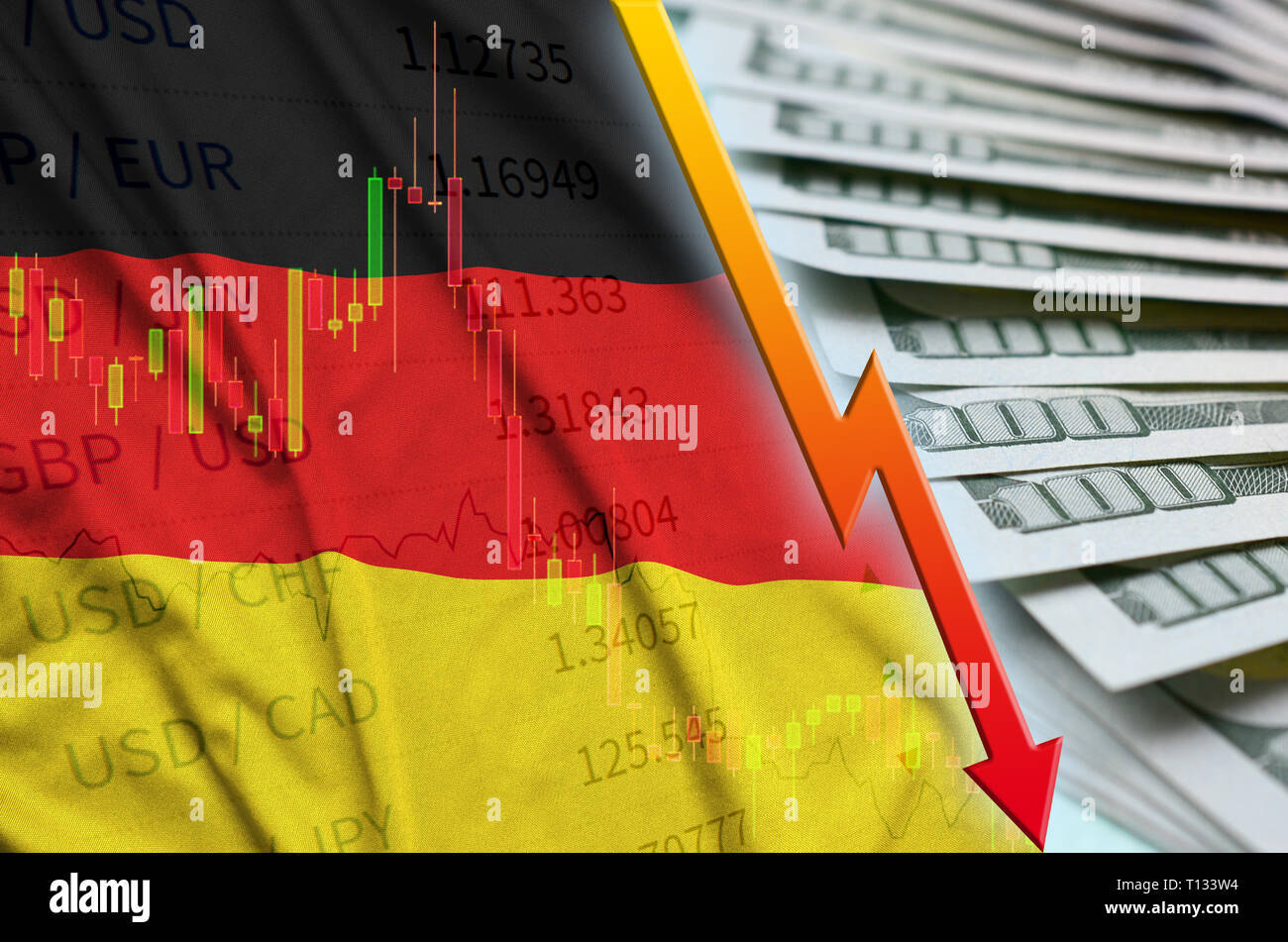Germany flag and chart falling US dollar position with a fan of dollar ...