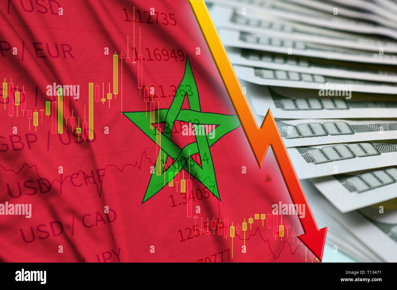 Morocco flag and chart falling US dollar position with a fan of dollar ...