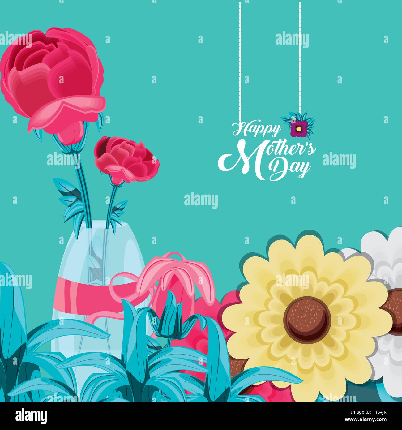 happy mother day card with flowers in vase vector illustration design ...