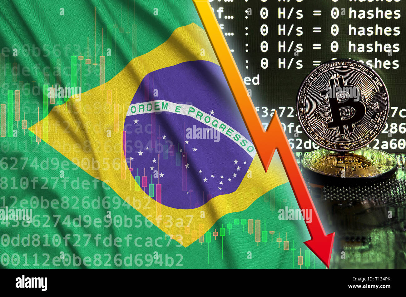 Brazil flag and falling red arrow on bitcoin mining screen and two ...