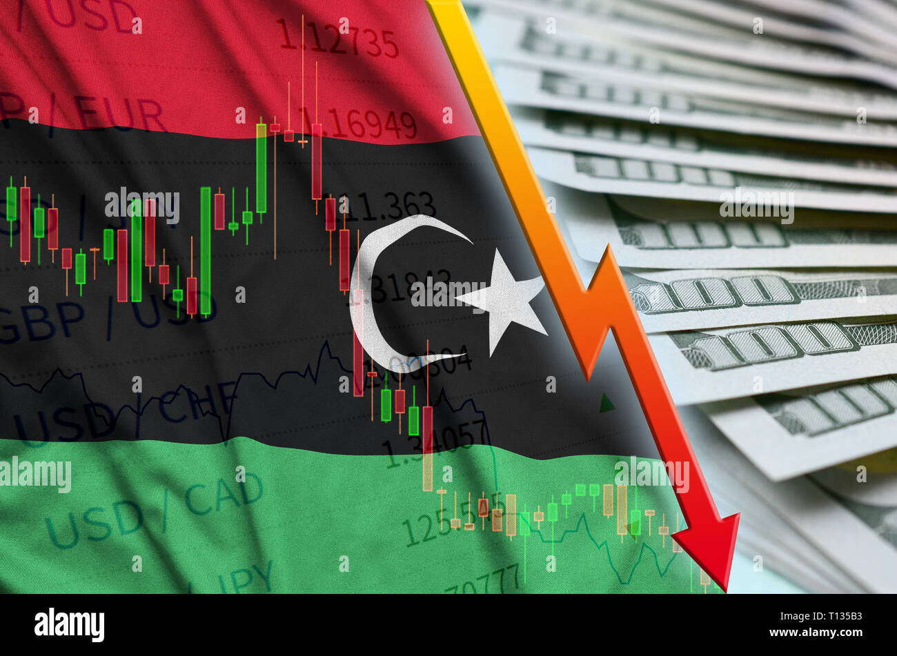 Libya flag and chart falling US dollar position with a fan of dollar ...
