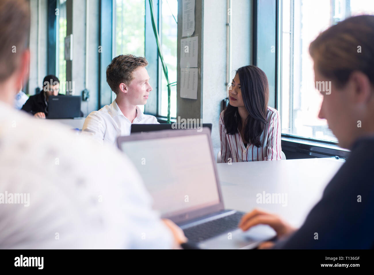 You male and female students sat down chatting and talking while ...