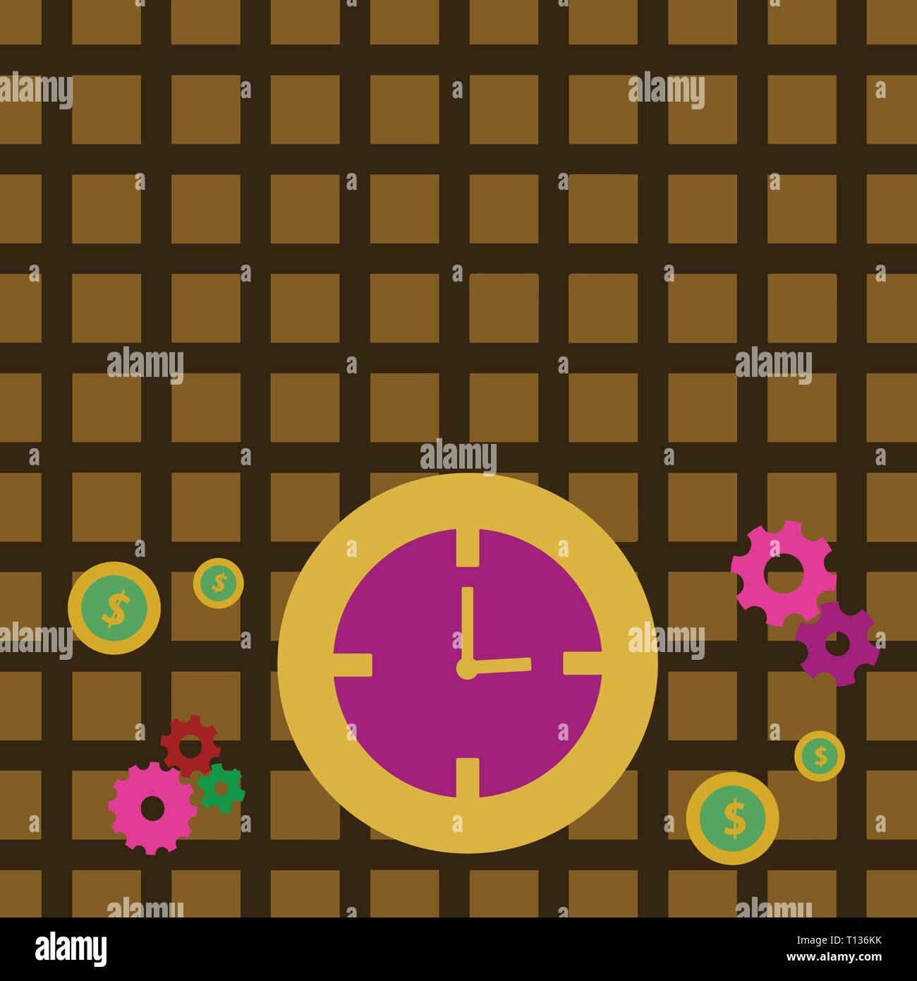 Time Management Icons of Clock, Cog Wheel Gears and Dollar Currency ...
