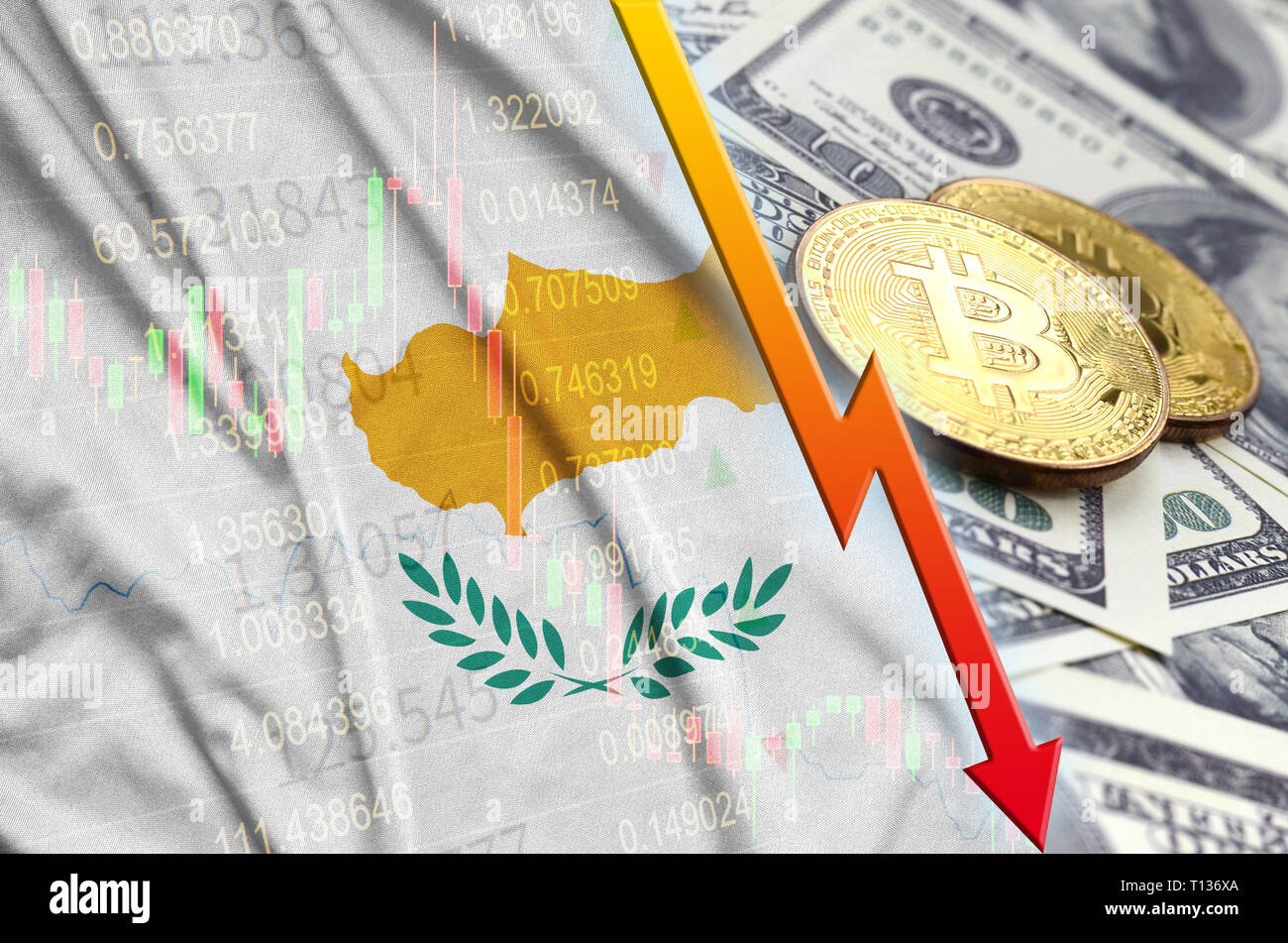 Cyprus flag and cryptocurrency falling trend with two bitcoins on ...