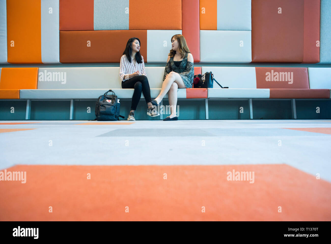 Two young south east asian students sitting and chatting on campus ...
