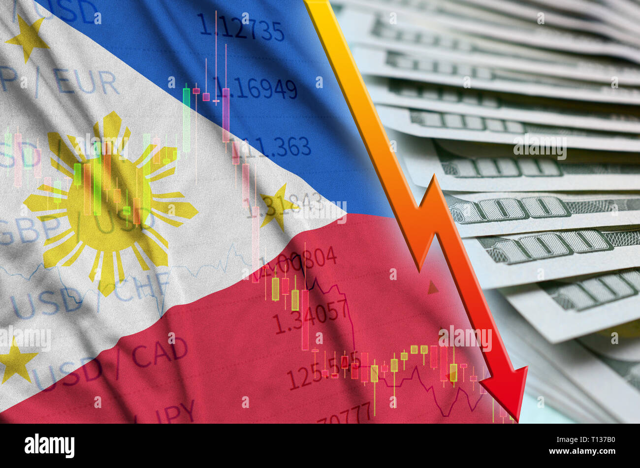 Philippines flag and chart falling US dollar position with a fan of ...