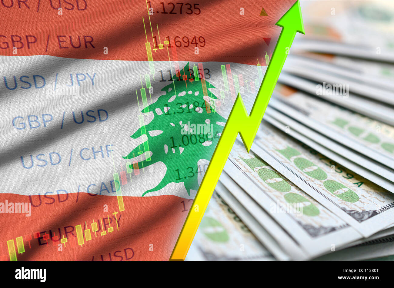 Lebanon flag and chart growing US dollar position with a fan of dollar ...