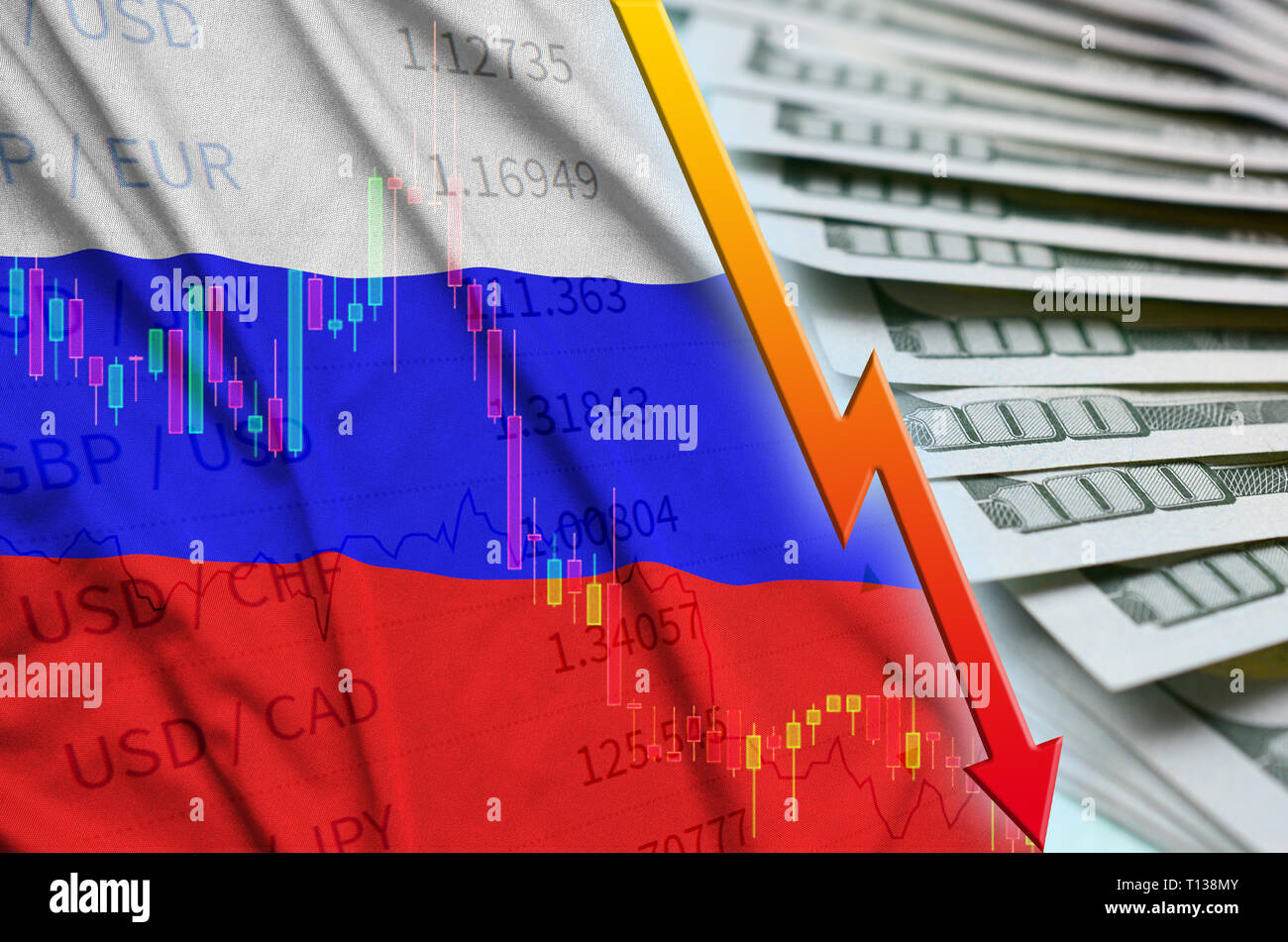 Russia flag and chart falling US dollar position with a fan of dollar ...