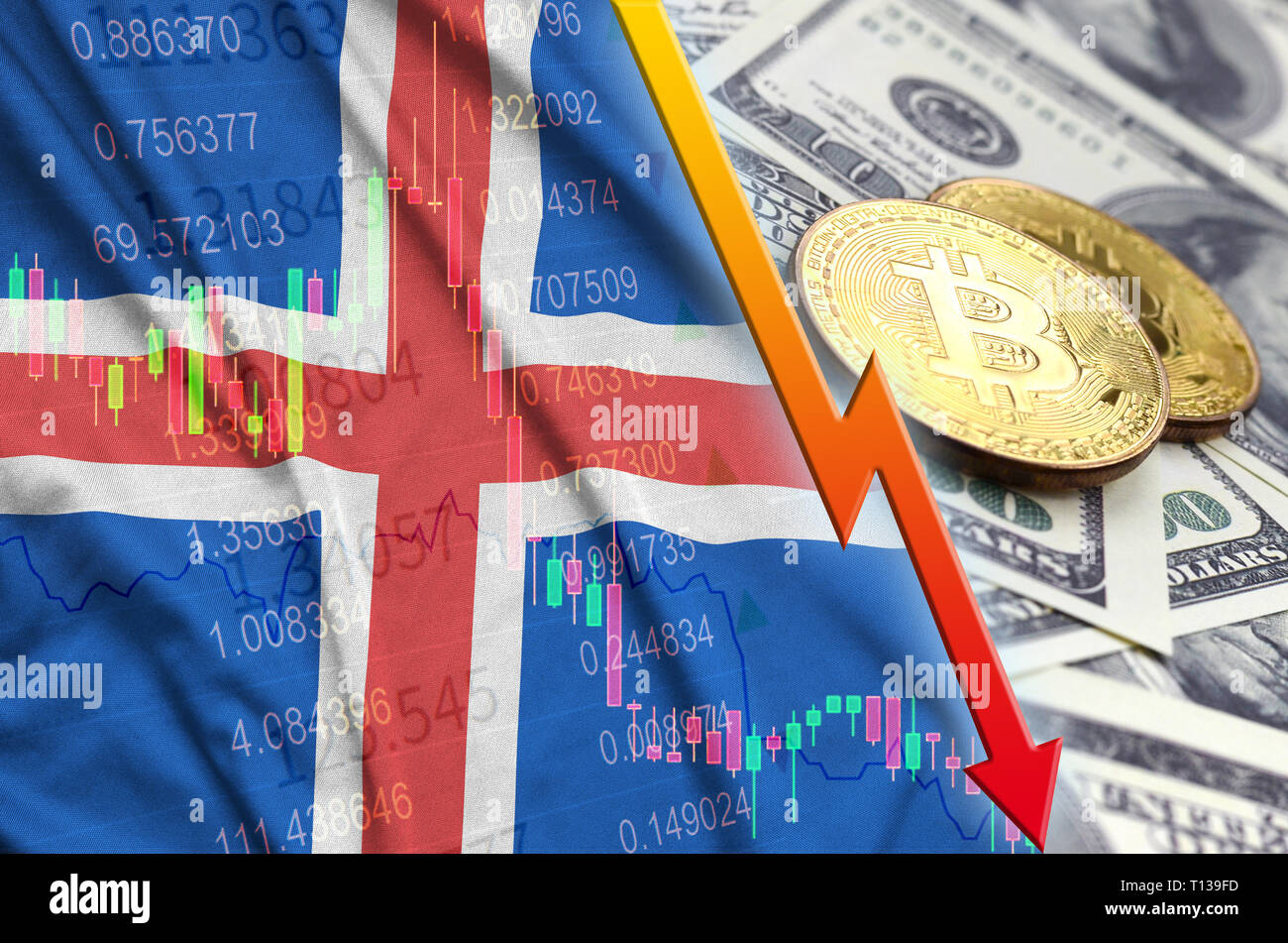 Iceland flag and cryptocurrency falling trend with two bitcoins on ...