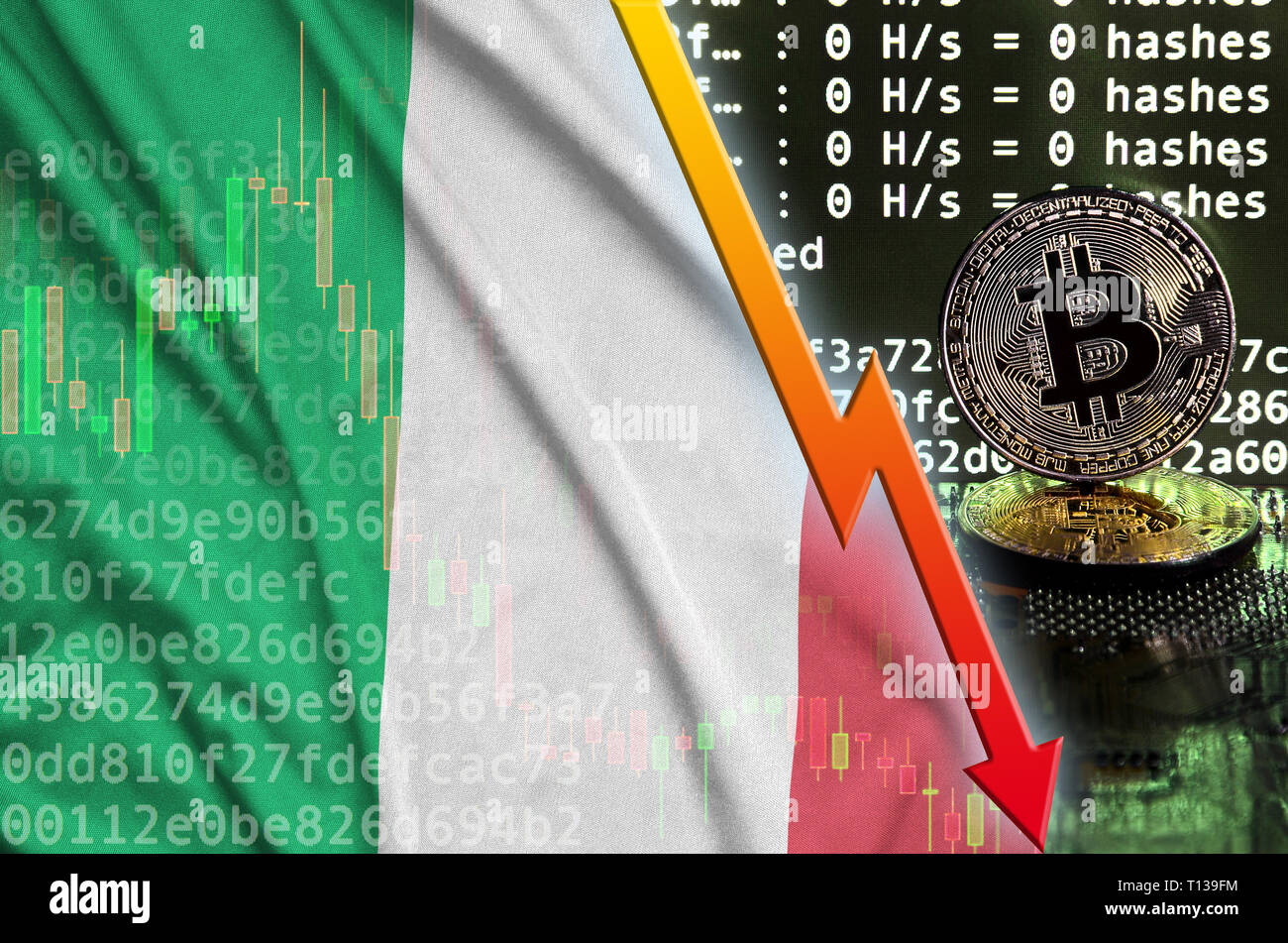 Italy flag and falling red arrow on bitcoin mining screen and two ...