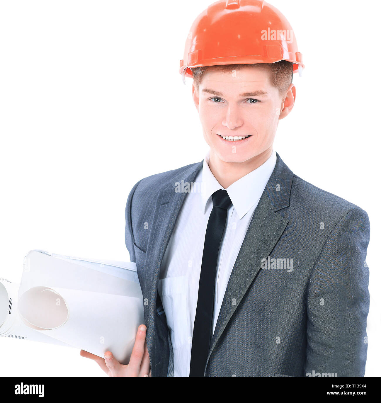 Serious architect man standing isolated on white background Stock Photo ...
