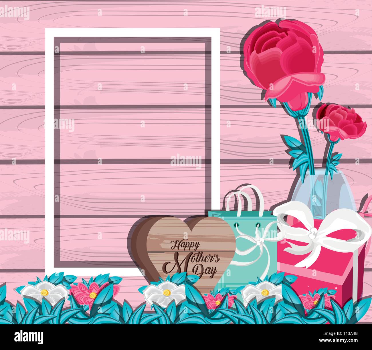 happy mother day card with flowers in vase and icons vector ...