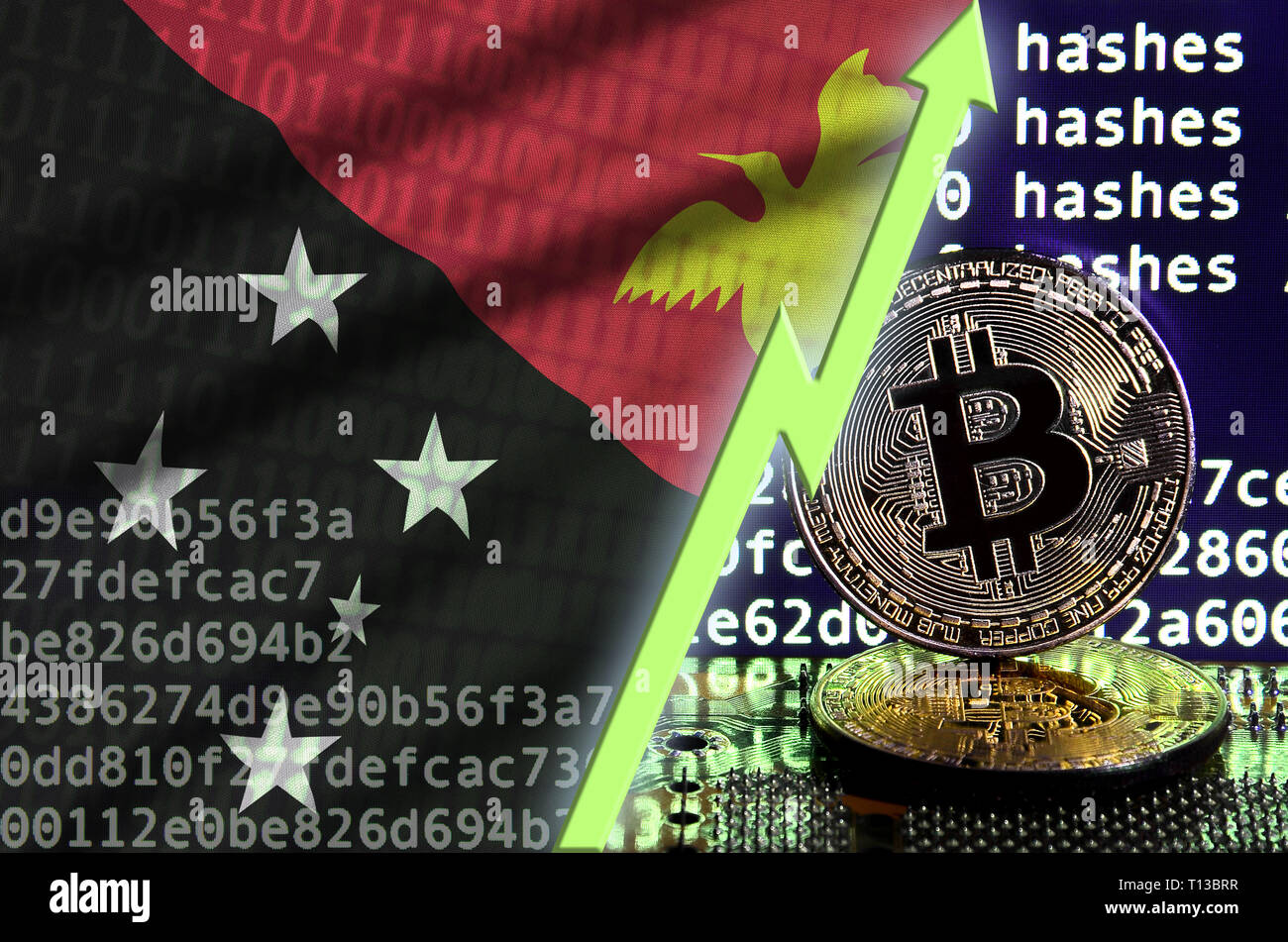 Papua New Guinea flag and rising green arrow on bitcoin mining screen ...