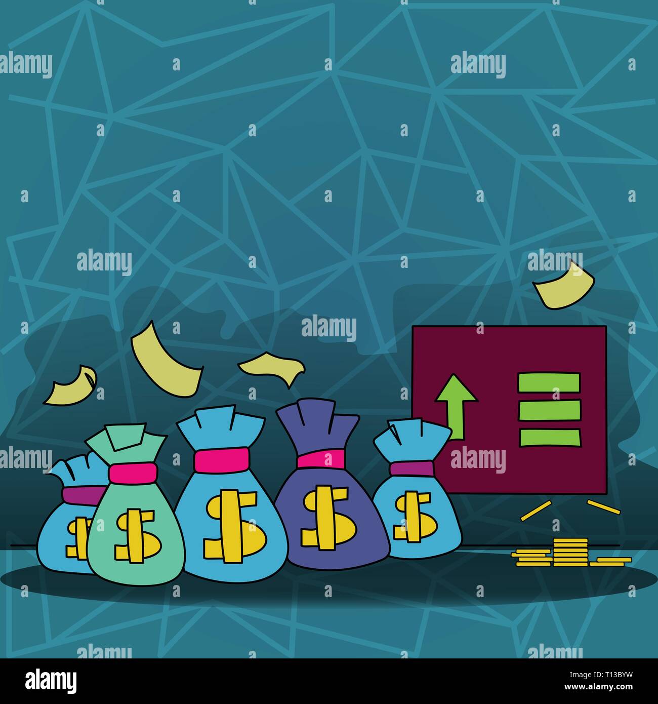 Colorful Money Bag with Dollar Currency Sign and Arrow with Blank ...