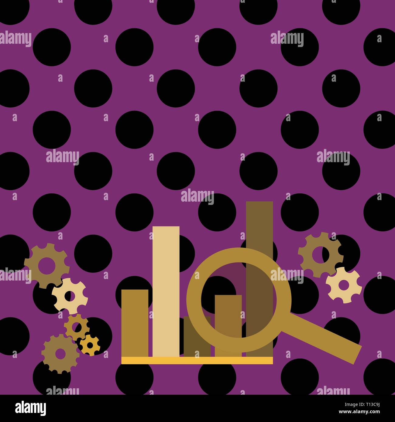 Magnifying Glass Over Bar Column Chart beside Cog Wheel Gears for ...