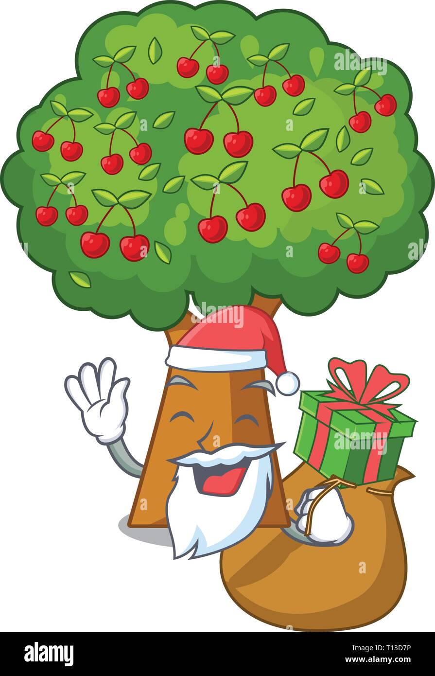 Santa with gift cherry tree next to cartoon house Stock Vector Image ...