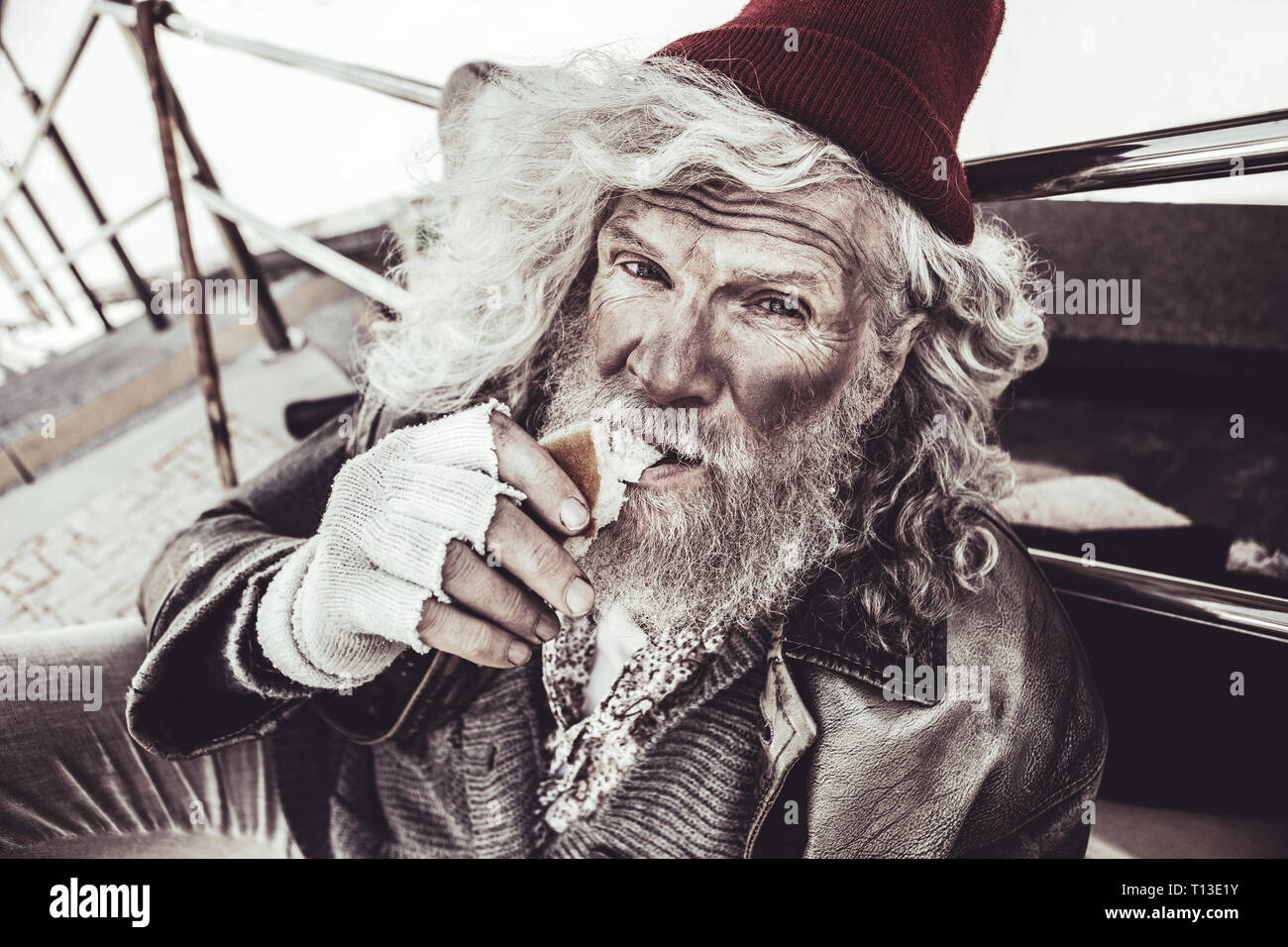 Pensive homeless man eating and looking at the photographer with ...