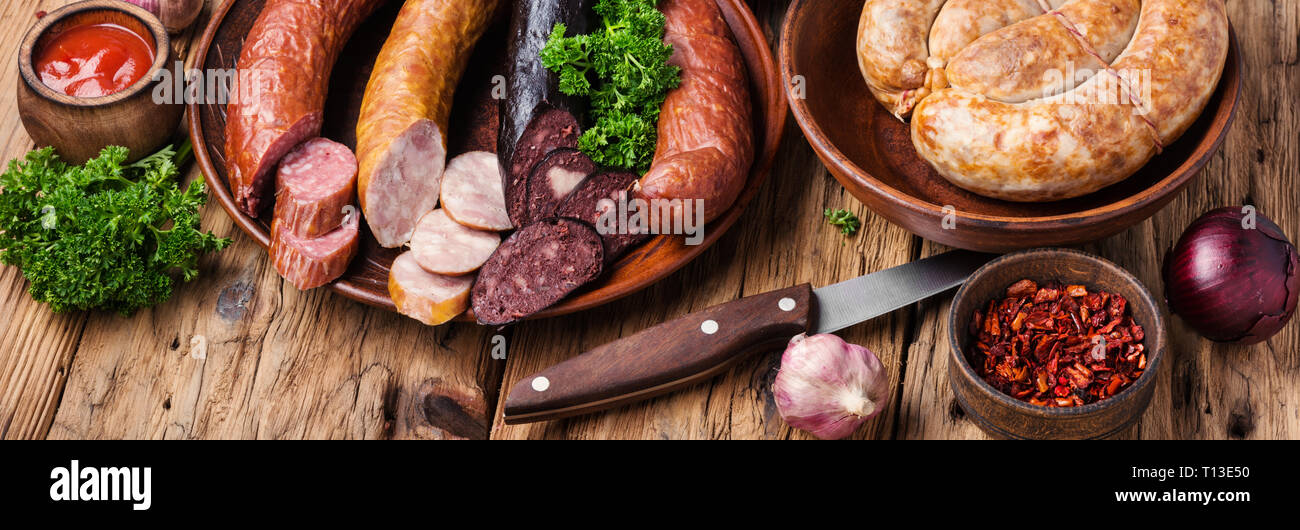 Set of smoked meats and sausages home-style sausages Stock Photo - Alamy