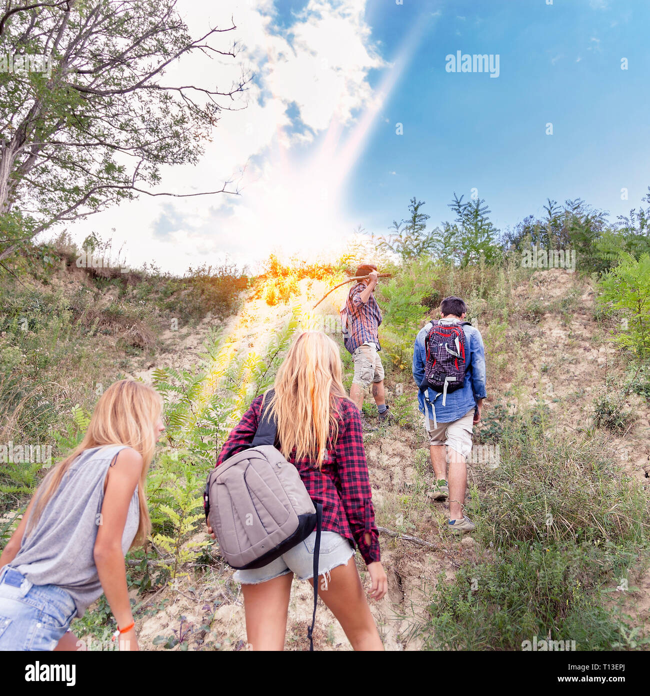 group of young hikers walking toward the horizon over the mountain ...