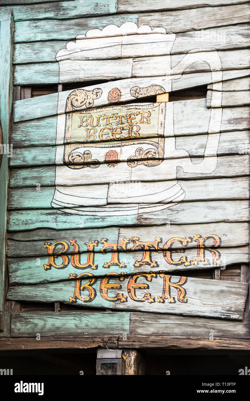 Giant Butter Beer signage painted on the side of rickety boards siding ...