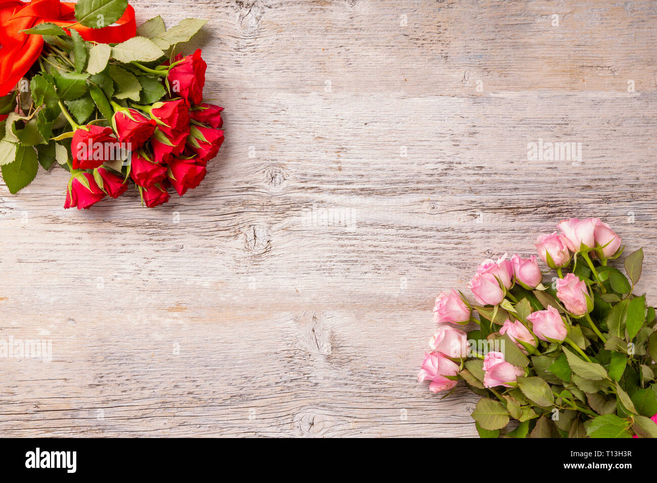 Red and pink roses on white wooden background with copy space Stock ...
