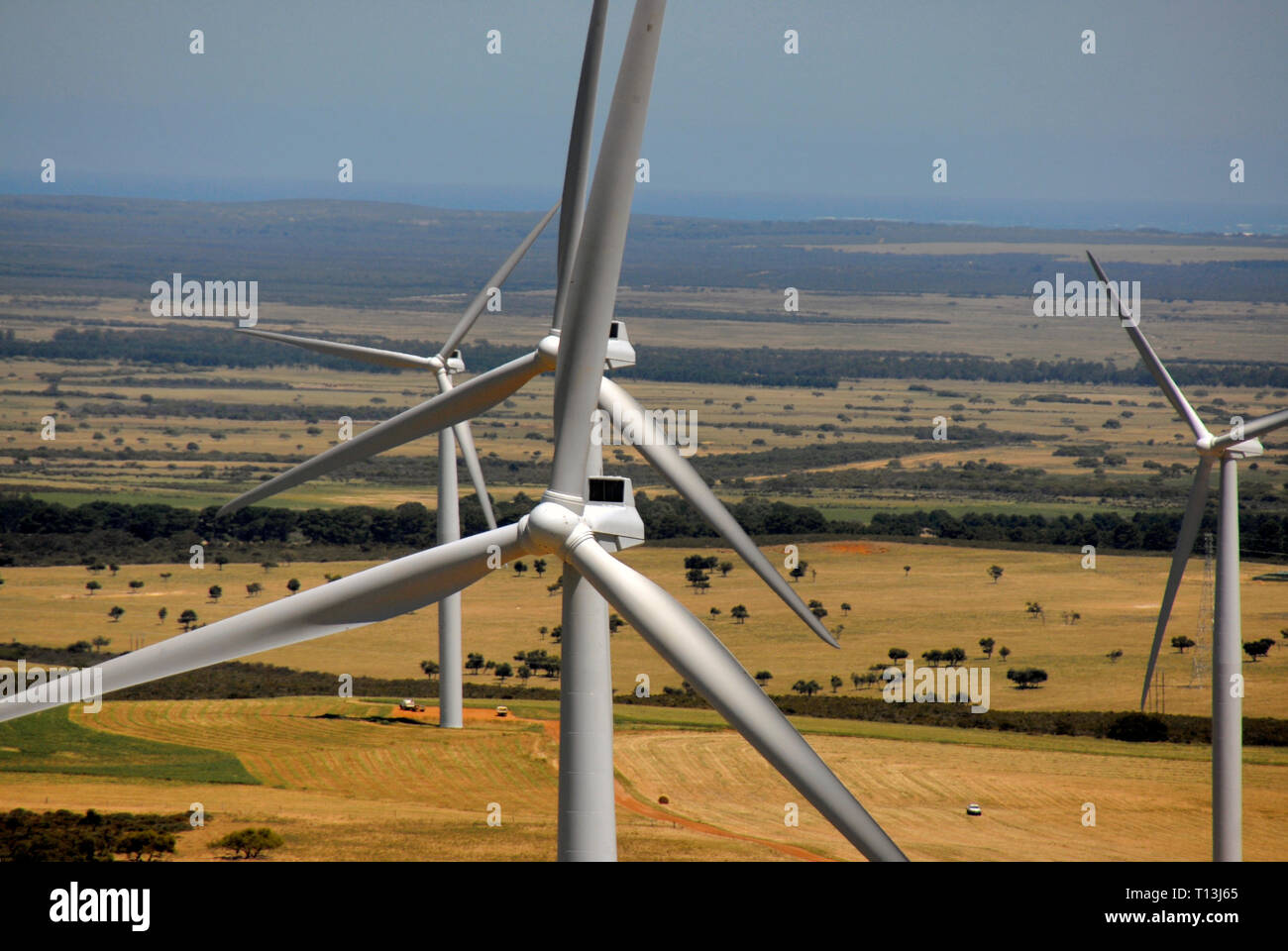 Aerial view of a wind turbine at the Emu Downs Wind Farm, near Lancelin ...