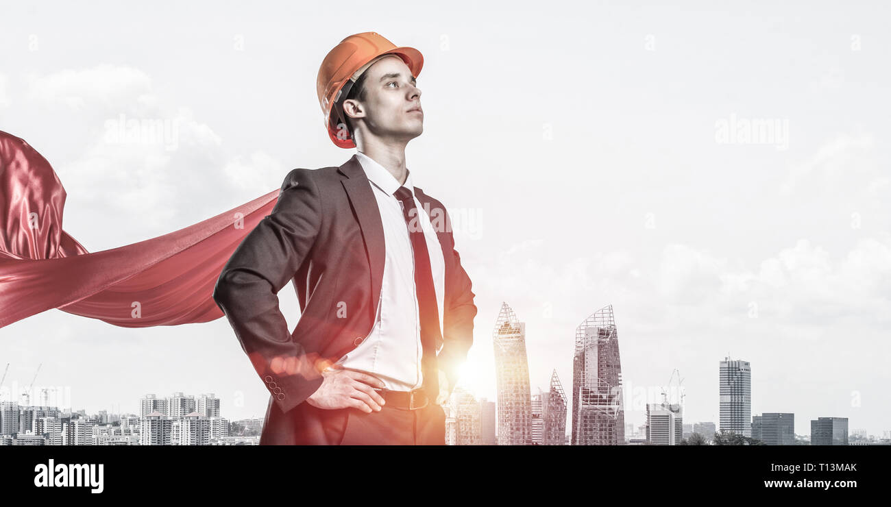 Concept of power and sucess with architect superhero in big city Stock ...
