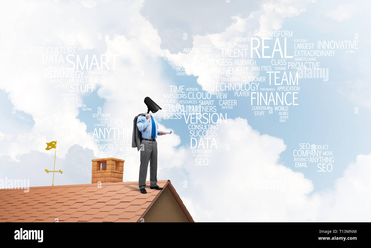 Concept of home security and privacy protection with camera headed man ...