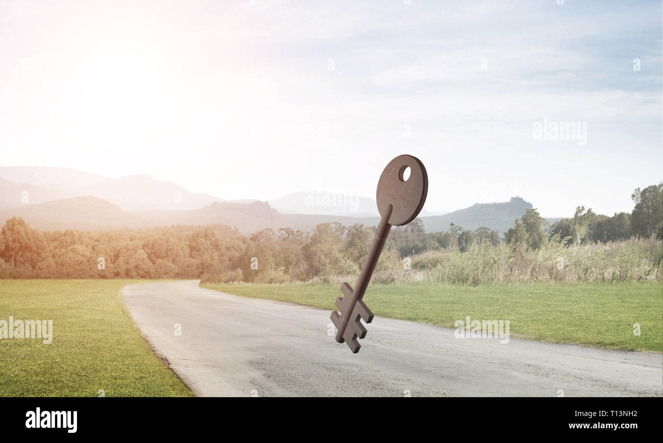 Conceptual background image of concrete key sign on asphalt road Stock ...