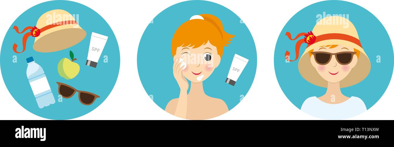 set of sun protection products and the face of young girl Stock Vector ...