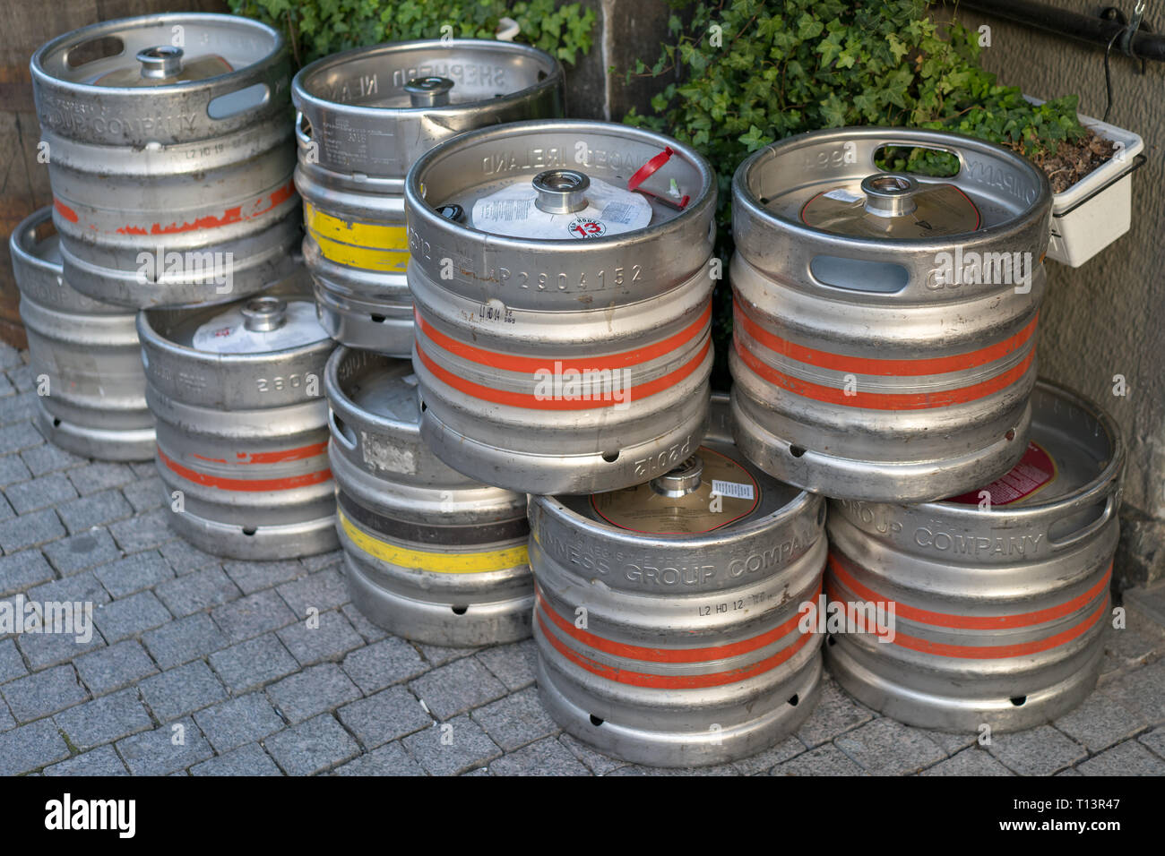 MOSCOW, RUSSIA - September 30, 2018: Metal barrels of beer on the ...