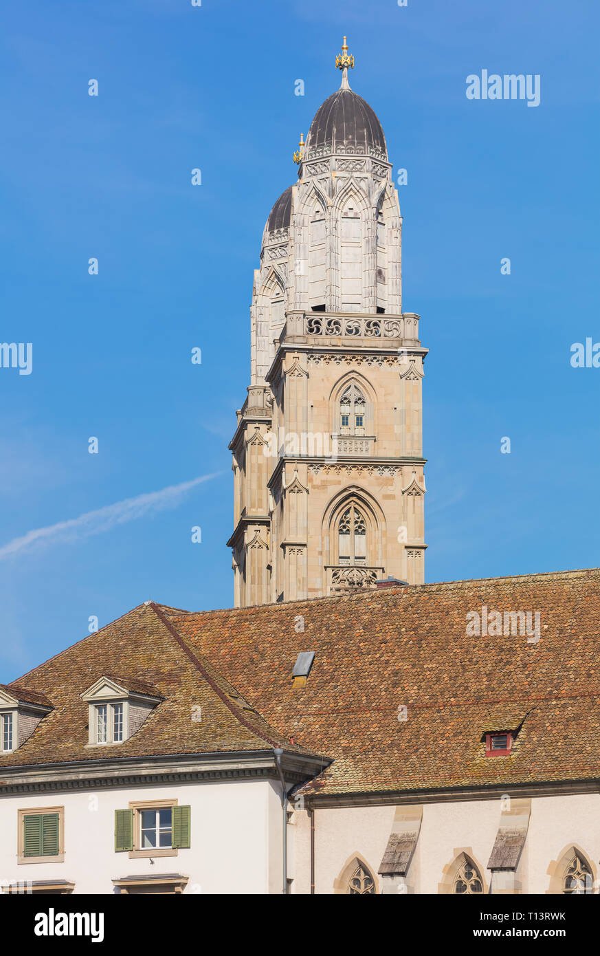 Towers of the famous Grossmunster cathedral city of Zurich, Switzerland ...
